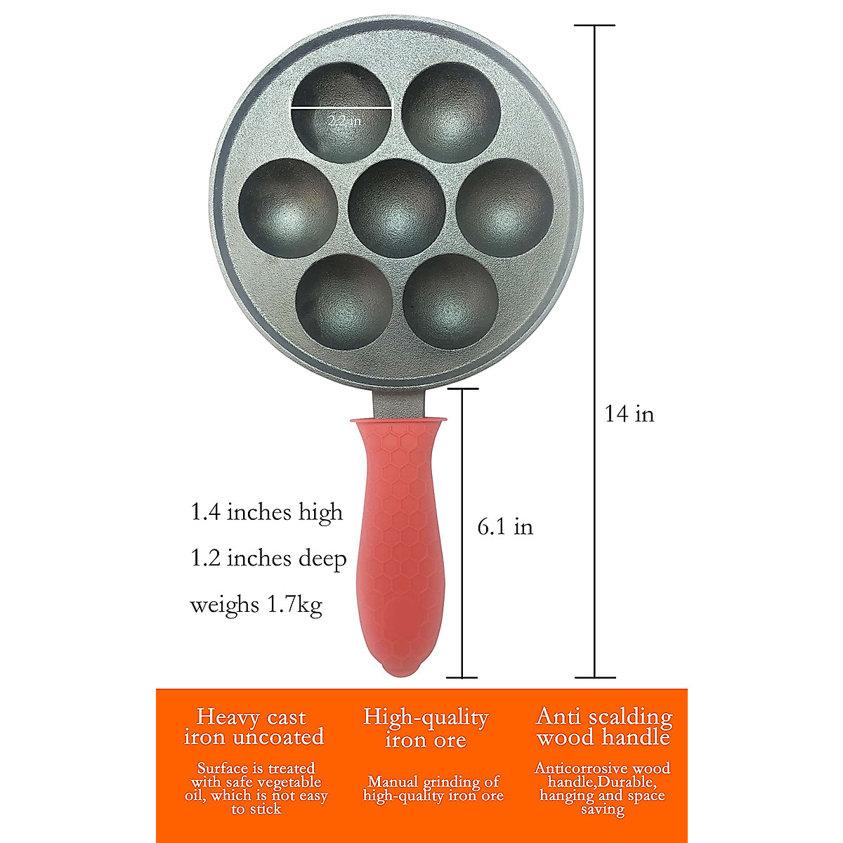 Heaunzy Japan large aperture takoyaki pan cast iron with silicone cover and stainless steel cover,Poffertjes pan,Appam pan,Masa,Banh khot pan,durable non stick,heavy cast iron uncoated 1.7kg(7 Hole)