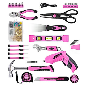 143 Pcs Pink Homeowner Tool Set with 3.6V Cordless Screwdriver General Household Hand Tool Kit with Plastic Tool box Storage Case for Women,Men