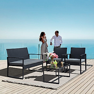 Tuoze 4 Pieces Patio Furniture Set Outdoor Patio Conversation Sets Modern Porch Furniture Lawn Chairs with Glass Coffee Table for Home Garden Backyard Balcony (Grey)