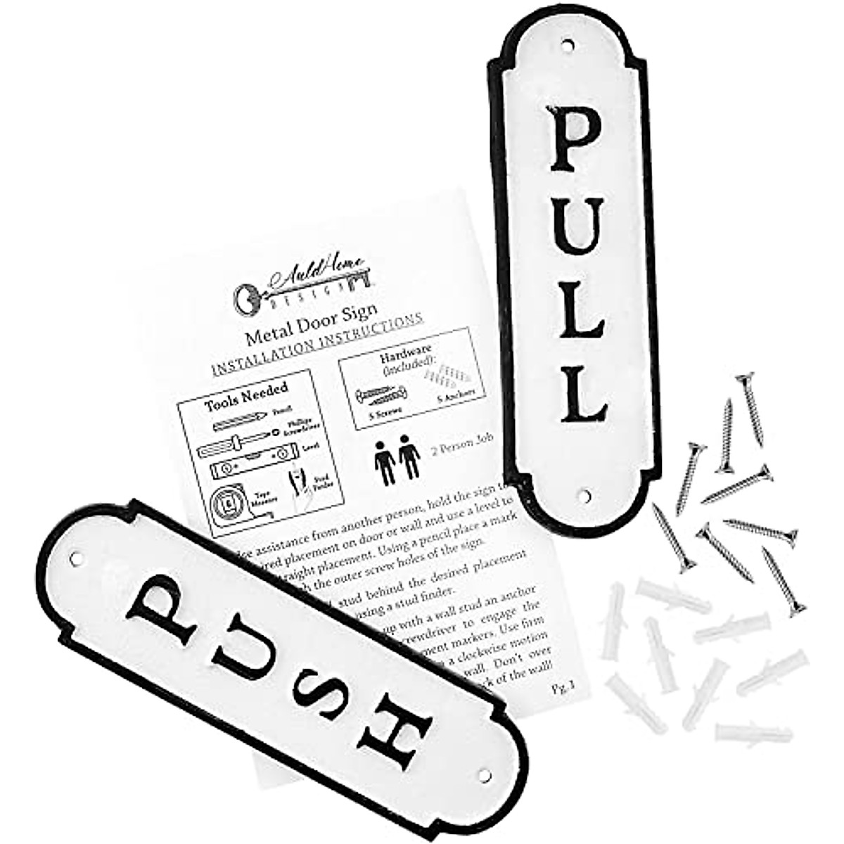 AuldHome Push Pull Door Signs (Set of 2); Cast Iron Farmhouse Style Vertical Signs for Home and Business