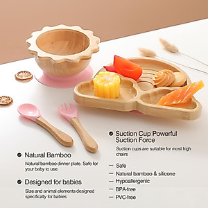 Bamboo Suction Plates Bowls Set for Baby Toddler Divided Platter Food bowl with Silicone Fork & Spoon All-Natural Baby Feeding Set for Baby-Led Weaning, Non-Slip Design