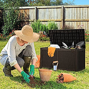 YITAHOME 100 Gallon Large Deck Box w/Storage Net, Resin Outdoor Storage Boxes, Waterproof Patio Cushion Storage Bench for Patio Furniture, Pool Supplies, Garden Tools- Rattan,Lockable (Dark Brown)