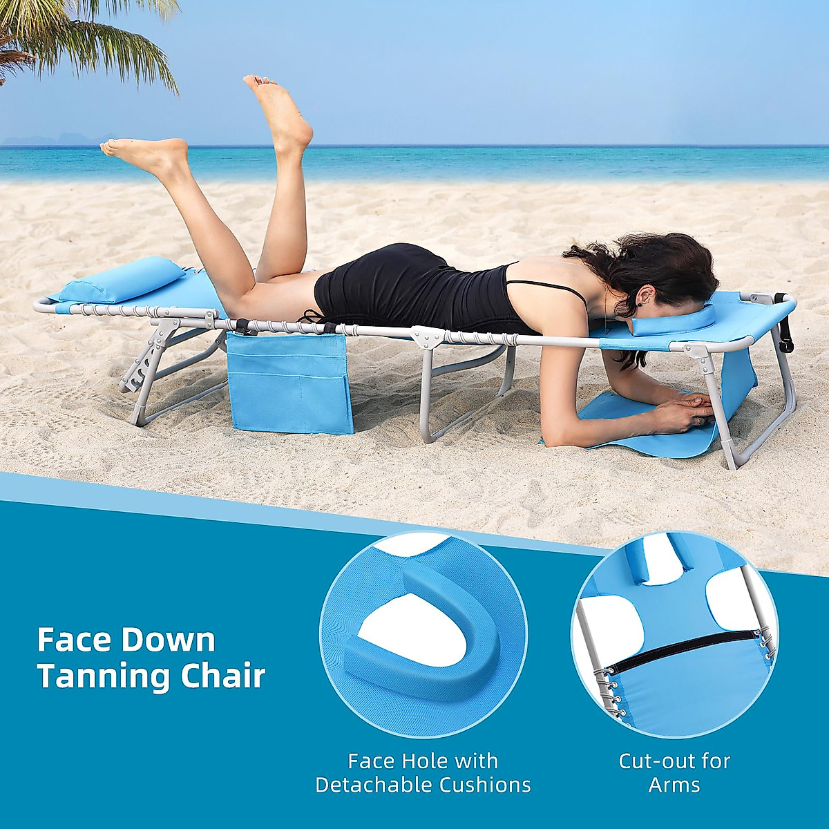 Tanning Chair for Adults with Face Hole - Versatile, Folding Chaise Lounge Chair for Outside Pool, Beach, Sunbathing and Reading on Stomach - Heavy Duty, Foldable Laying Out Chair for Tanning (Blue)