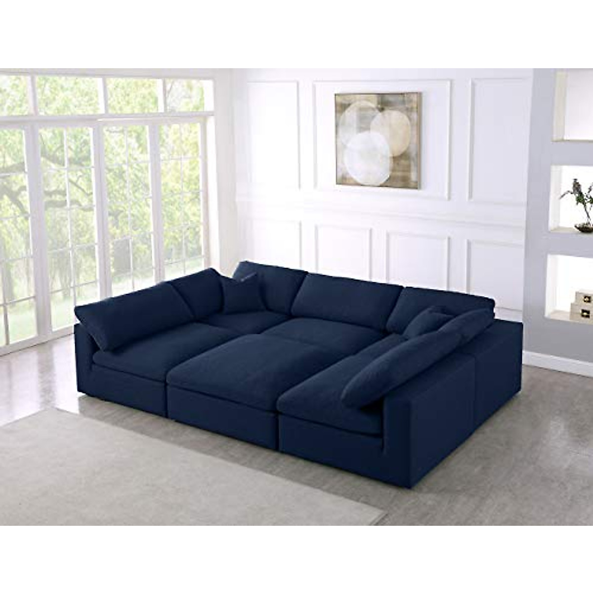 Meridian Furniture Serene Collection Modern | Contemporary Deluxe Comfort Modular Sectional, Soft Linen Textured Fabric, Down Cushions, 2 Corner + 3 Armless + 1 Ottoman, Navy