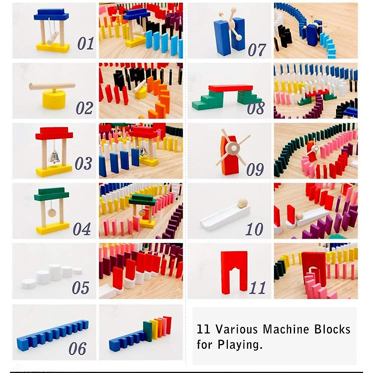 Lewo 1000 PCS Dominoes Set for Kids Wooden Building Blocks Bulk Dominoes Racing Tile Games with Extra 11 Add-on Blocks and Storage Bag