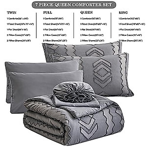 OARAGE Dark Grey Twin Comforter Set 7 Pieces, Tufted Bed in a Bag Twin, Boho Bed Sets, Geometric Embroidery Twin Size Bedding Set, All Season Microfiber Bedding Comforter Set with Sheets