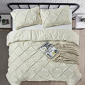 Tyfitb Pinch Pleat Duvet Cover King Size Beige Oversized Duvet Cover Set 3 Piece Floral Pintuck Bedding Set with Zipper Closure