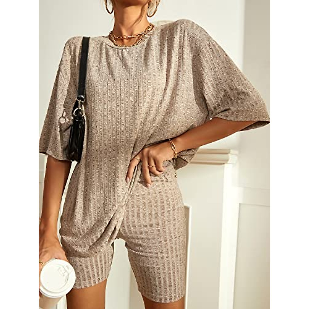 WDIRARA Women's 2 Piece Outfits Ribbed Short Sleeve Drop Shoulder Tee And Shorts Set Khaki M