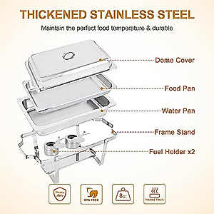 4 Pack Chafing Dish Buffet Set 8 Qt Stainless Steel Complete Chafer Set Catering Warmer Set with Water Pan, Fuel Holder for Parties, Dinners, Catering, Buffet and Weddings