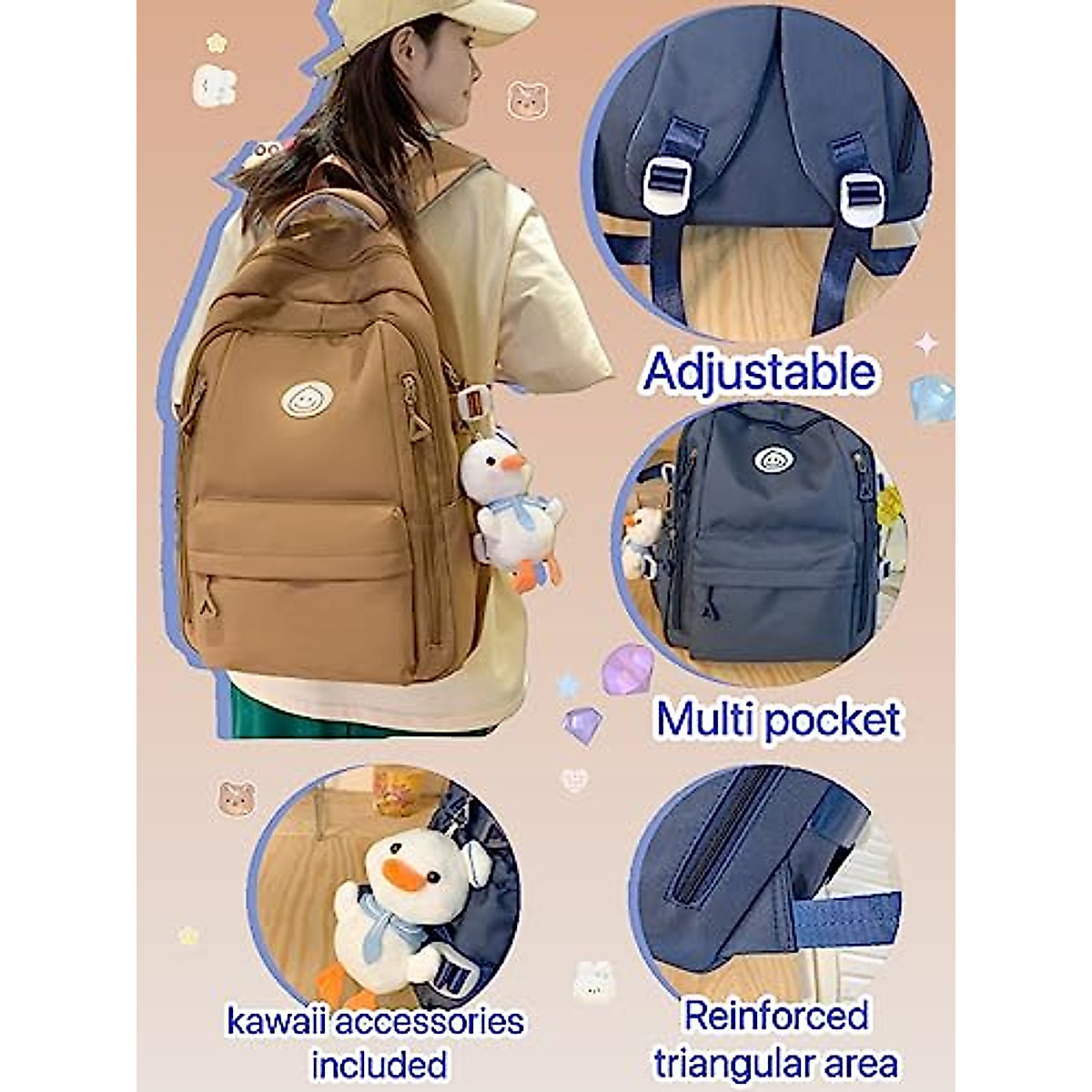 Romlvy Kawaii Backpack with Cute Accessories Classic Multi Pockets Large Capacity Daypack Practical Aesthetic Backpack (Black)