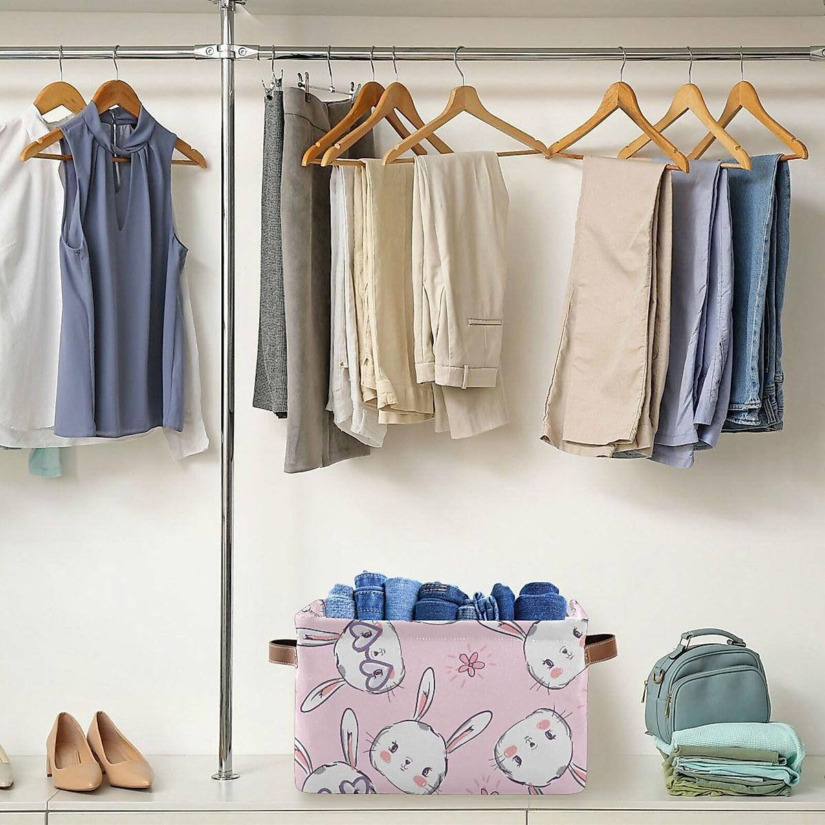 Aslsiy Toy Storage Basket Cute Bunny Nursery Bins Pink Flowers Baby Toys Box Canvas Clothes Shelf Basket Laundry Hamper Gift Basket for Home Dorm Closet 1 Pcs