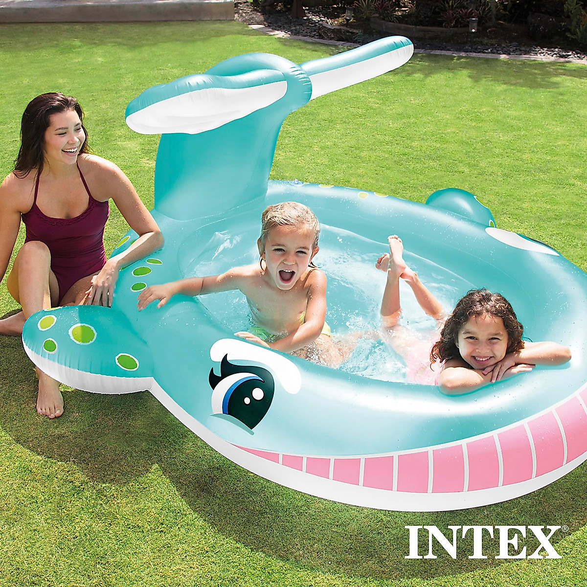 Intex Inflatable Whale Kiddie Pool: Built-in Water Sprayer – Convienient Drain Plug – Durable Vinyl – 79" x 77" x 36" – Ages 3+