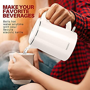 Secura Stainless Steel Double Wall Electric Kettle Water Heater for Tea Coffee w/Auto Shut-Off and Boil-Dry Protection, 1.0L (White)