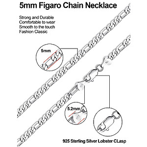 ASDULL 925 Sterling Silver 5mm Figaro Link Chain Necklace for Men Women Diamond Cut Silver Link Chain 22 Inches