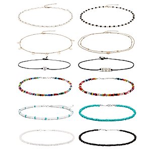 Wremily 4-12 Pieces Beaded Choker Necklaces for Women Boho Seed Bead Choker Set Hawaiian Handmade Turquoise Beach Beads Necklace Chain Jewelry