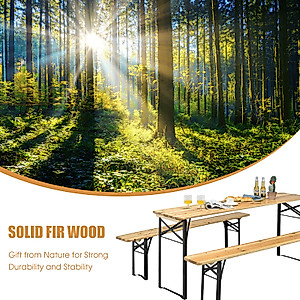 LDAILY Moccha 3 Pieces Fir Wood Dining Set Furniture, 70” Rustic Patio Wooden Table and Benches for Garden Porch Balcony Deck, Foldable Camping Party Picnic Table Set