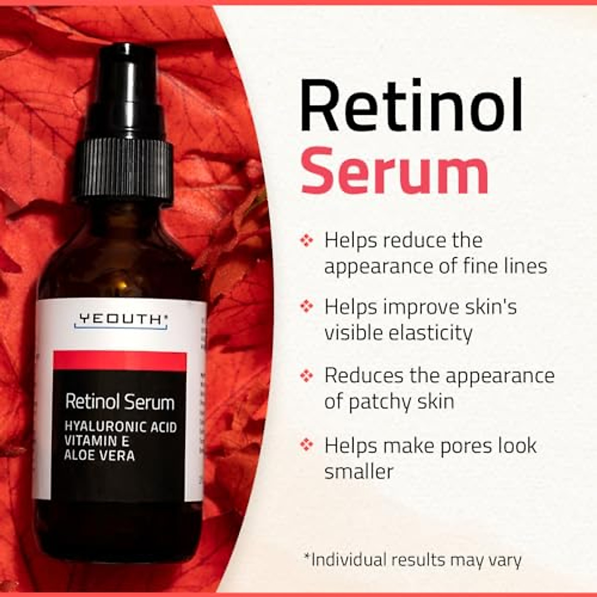 YEOUTH Retinol Serum for Face with Hyaluronic Acid & Vitamin E, Hydrating Retinol for Face, Night Serum Suitable for All Skin Types 2oz
