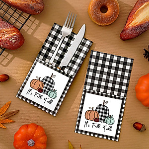 Whaline 36Pcs Fall Thanksgiving Utensil Cutlery Holders Buffalo Plaids Pumpkin Knife Forks Silverware Paper Pouch Bags Autumn Harvest Cutlery Wraps Tableware Holder for Dinner Table Setting Decor