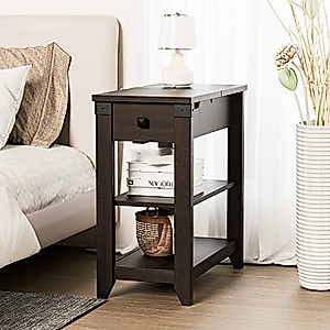 Narrow End Table with Charging Station, Flip Top Sofa Side Table with USB Ports and Outlets Farmhouse Nightstand with Storage Small Bedside Table for Bedroom Living Room Small Space