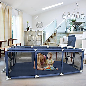 Baby Playpen, Baby Ball Pit with Gate, Safe No Gaps Kids Play Pen Activity Center Play Area w/Breathable Mesh, Non-Slip Suckers, Dark Blue(No Ocean Balls)
