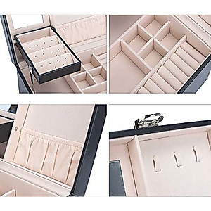 Jewelry Box Organizer Three-Layers Leather Jewelry Display Case Retro Lock Mirror (Three-Layers, Black)