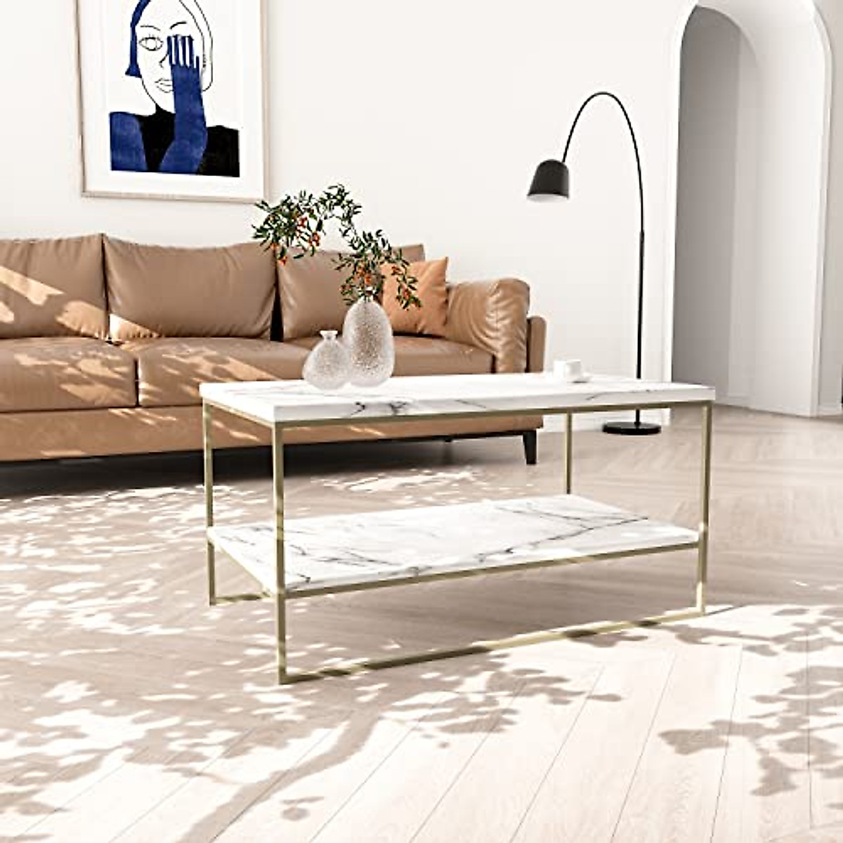 roomfitters 35” Faux Marble Coffee Table, Marble Top Rectangular Coffee Table, Center Table with Gold Metal Frame, 2 Tier Living Room Table, Cocktail Table with Storage for Living Room