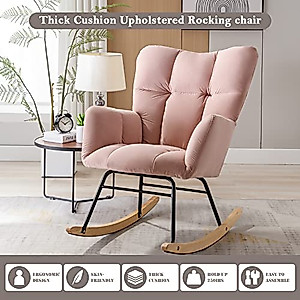 Nursery Rocking Chair for Baby, Indoor Velvet Fabric Nursing Chair, Modern Upholstered Glider Rocker Armchair with High Backrest for Bedroom Office Living Room (Light Pink)