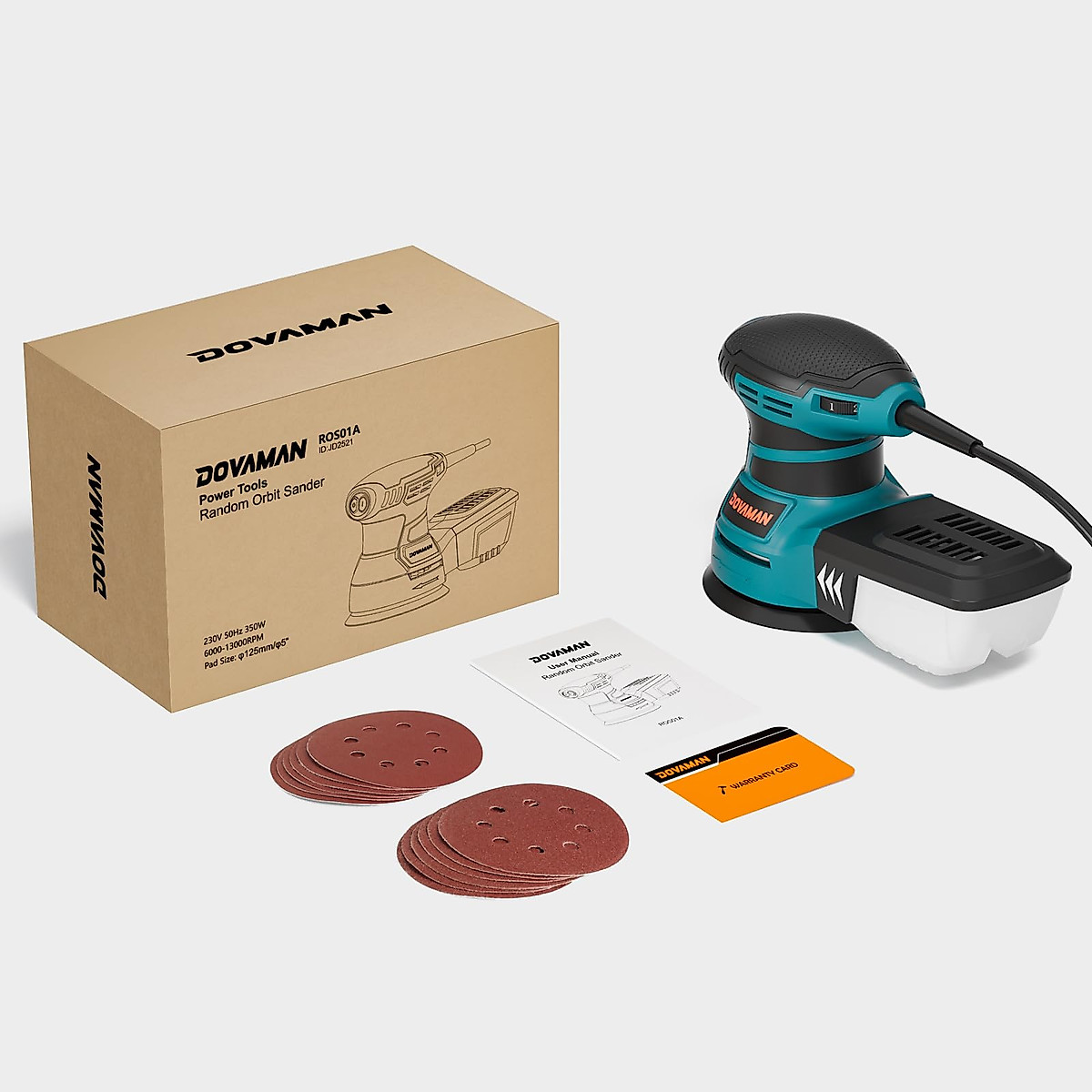 DOVAMAN ROS01A Orbital Sander, 3A Random Orbit Sander, 6 Variable Speeds, Up to 13000 rpm, 12pcs Sandpapers, 5in Sanding Pad, Dust Collection, Electric Sander Perfect for Woodworking