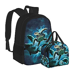 ICOMON Sea Turtle Patterned Backpack And Lunch Box Set For Boys And Girls School Two-Piece Picnic Travel Set