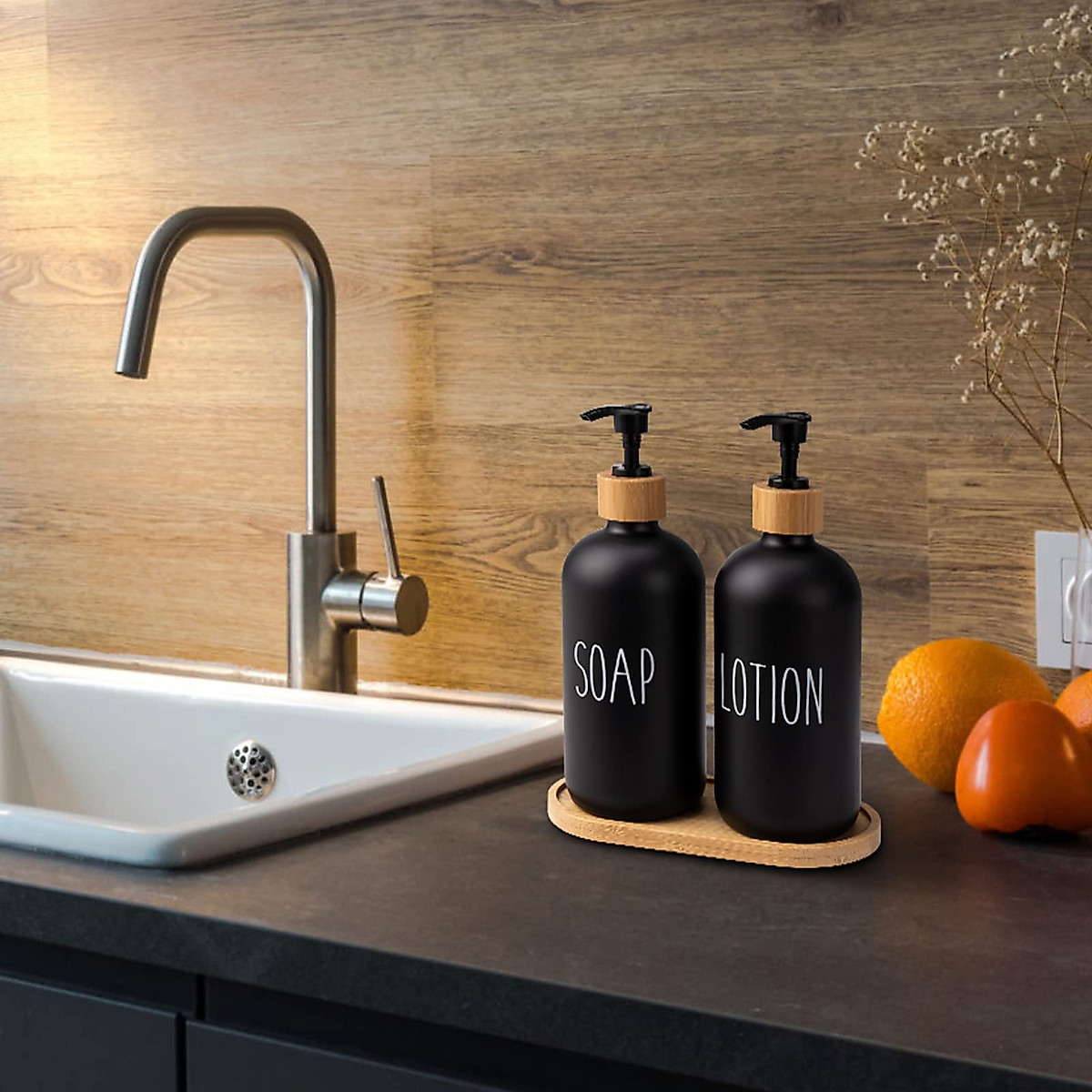 Little World Soap Dispenser for Kitchen, Stainless Steel Pump and Wood Tray, Bathroom Decor Dispenser for Foaming Hand Soap, Dish Soap and Lotion, Black & Black