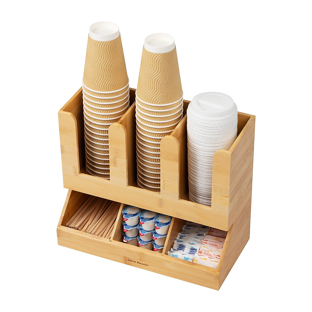 Mind Reader 6 Compartment Bamboo Upright Coffee Breakroom Condiment and Cup Storage Organizer, Brown