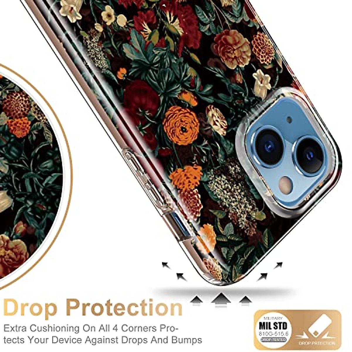 Esdot iPhone 13 Case with Built-in Screen Protector,Military Grade Rugged Cover with Fashionable Designs for Women Girls,Protective Phone Case for Apple iPhone 13 6.1'' Flower Garden