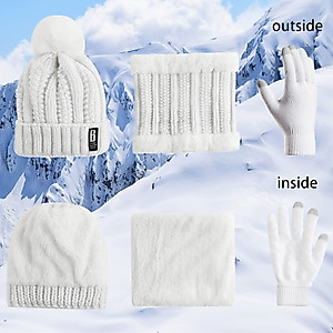 Pom Beanie Hat Scarf Gloves Set 3 in 1 Warm Thick Lining Slouchy Beanie Hats Scarf Touch Screen Gloves for Womens Girls (White)