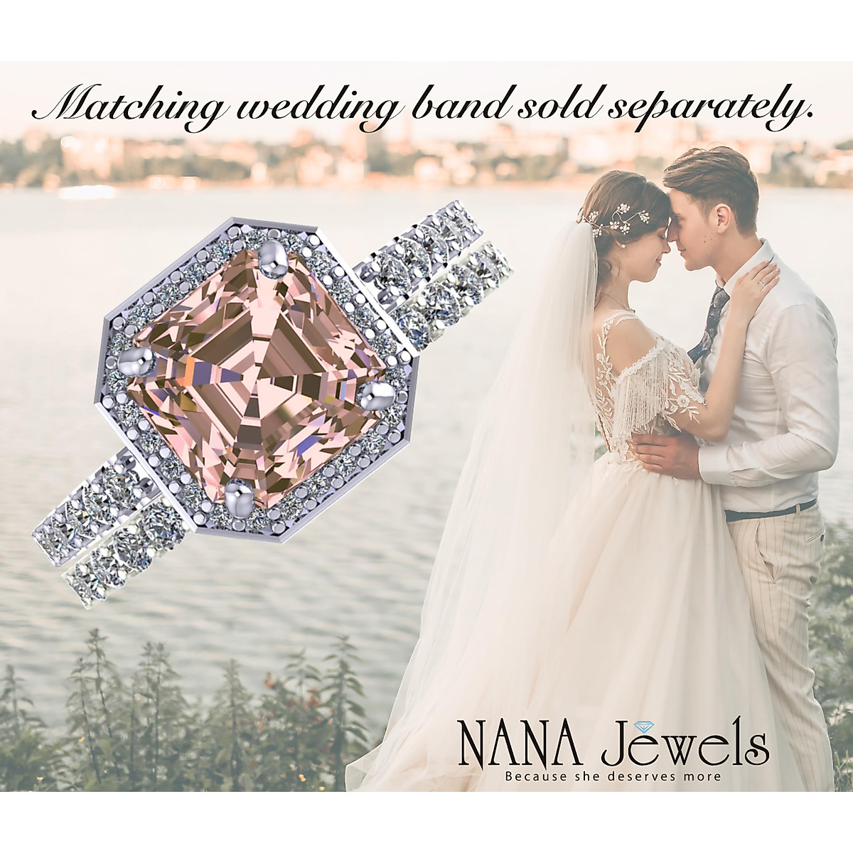 NANA Jewels 2ct Pure Brilliance Zirconia Halo Engagement Ring-Asscher Cut-Morganite-7.5