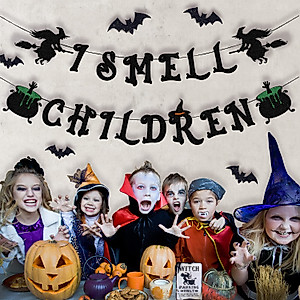 Halloween Decorations - Glittery Black I Smell Children Banner, Halloween Garland with Witch, Witch's Brew, Pumpkin and Halloween Bats for Halloween Party Decorations, Hocus Pocus Decorations