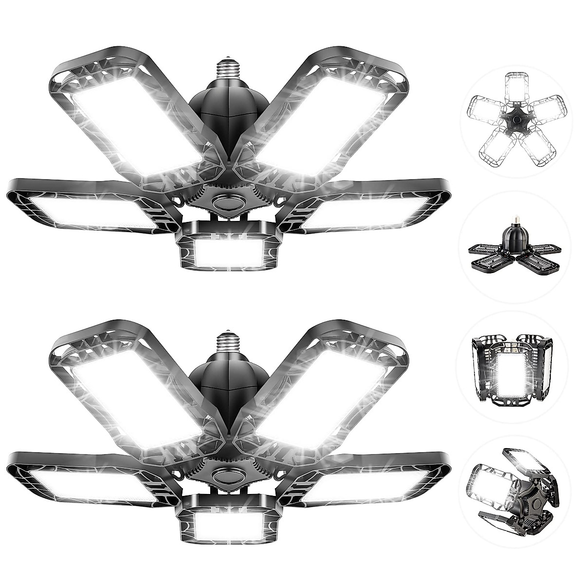 LED Garage Light 2 Pack, Deformable Garage LED Light 360° Illuminator Ultra Bright, 100W 6500K LED Garage Ceiling Lights with 5 Adjustable Panels E26/E27 for Garage Basement Bay Workshop