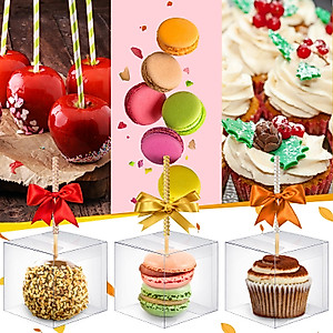 Juexica 100 Pcs Clear Caramel Apple Boxes with Hole Transparent Candy Apple Boxes PET Gift Boxes for Chocolate Wedding Ornaments Boxes, 4x4x4 Inch