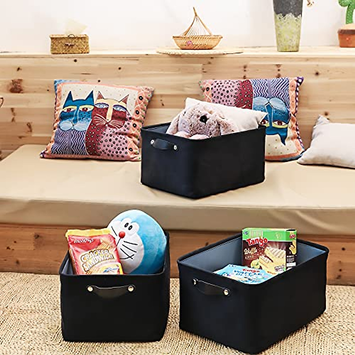 FENQDOOU Velvet Storage Bins, Storage Baskets with Sturdy Handles, Collapsible 6 Pack Storage Box Suitable for Home, Closet, Office, Nursery ,Shelf, Toys 12.2x8.2x6.2 inches(Black)