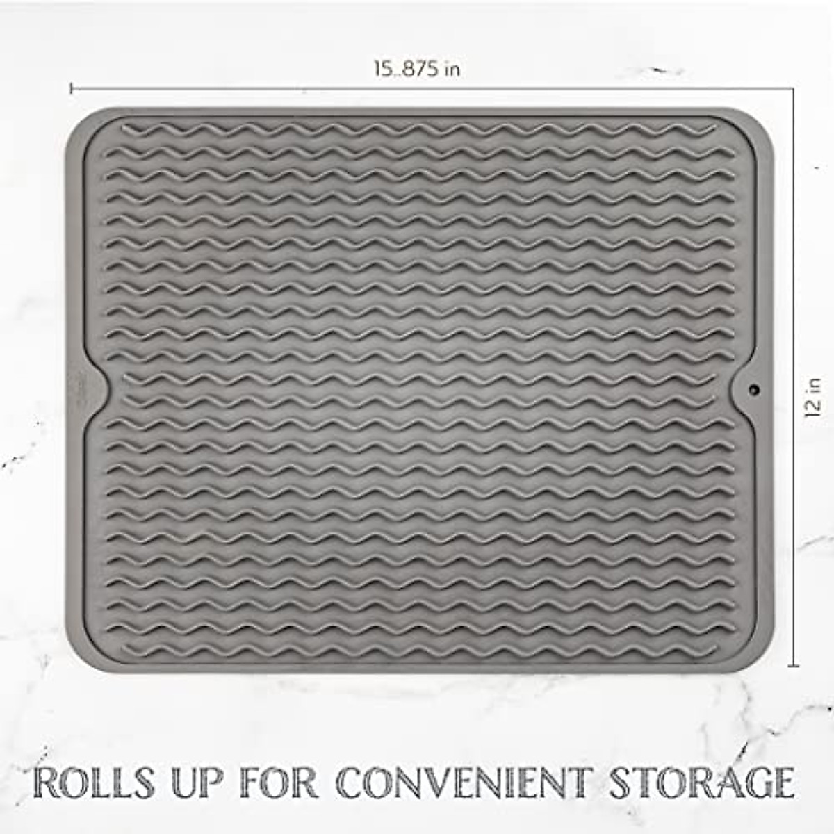 Silicone Dish Drying Mat - Drain Hole, Non-Slip, Heat Resistant, Foldable. Great for Dishes, Kitchen Sink, Counter Top, Fridge Drawer Liner or Trivet for Hot Pots. (12" X 16" | Grey)