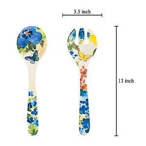 UPware 2-Piece 13 Inch Melamine Salad Server Serving Utensil Set Includes Salad Spoon and Salad Fork (Butterfly Floral)