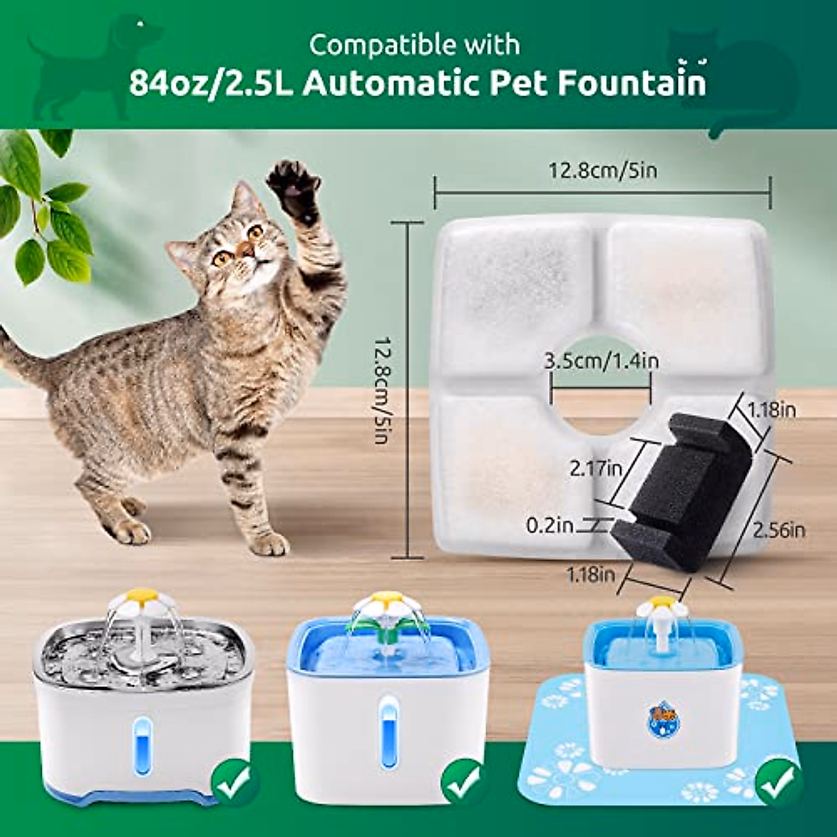 Cat Water Fountain Filters, 8-Pack Cat Fountain Filter Replacement & 4-Pack Pre-Filter Sponges for Square 84oz/2.5L Automatic Pet Fountain, Triple Filtration System Activated Carbon Replacement Filter