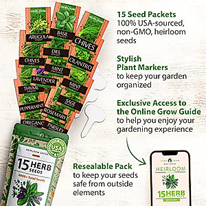 15 Culinary Herb Seeds Vault - Heirloom & Non GMO (2X More) 4900+ Seeds for Planting Indoor or Outdoor Herbs Garden | Gardening Gift for Men Women - Basil, Cilantro, Chives, Lavender, Mint, Thyme