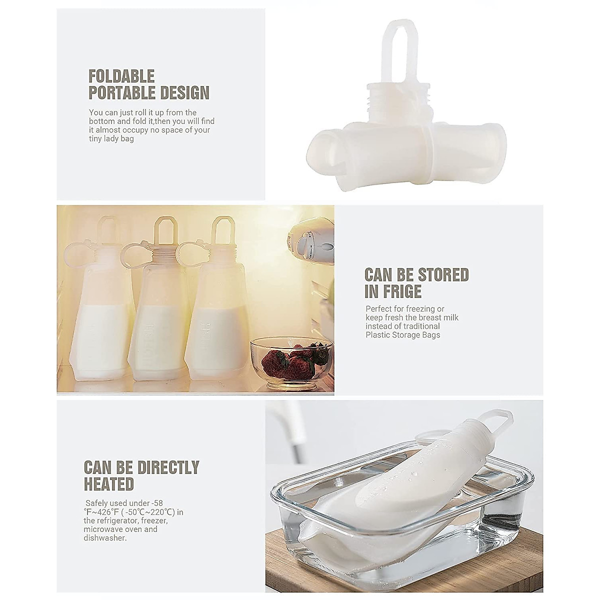 HOFISH Silicone Milk Storage Bags, Reusable & Leak-Proof Bags, Breast Milk Freezer Bag, BPA Free, 9oz/3pk, Cream