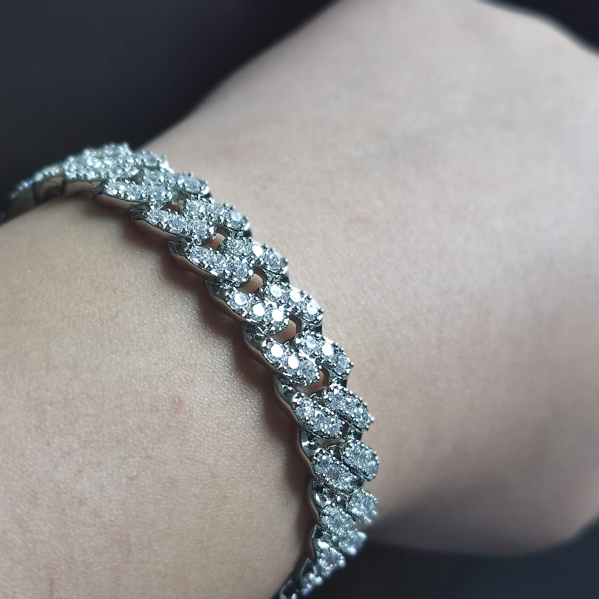 12mm Cuban Link Bracelet Hypoallergenic 14K Real Gold Plated Iced Out Hip Hop Cuff Jewelry 3A Cubic Zirconia Prong-setting Gift for Men Women Fit for 6.3" to 7.9" Wrist (Silver)