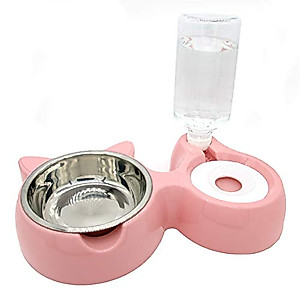 Double Bowl Water and Food Cat Feeder - Stainless Steel Bowl and Automatic Water Dispenser Bottle for Cats and Dogs
