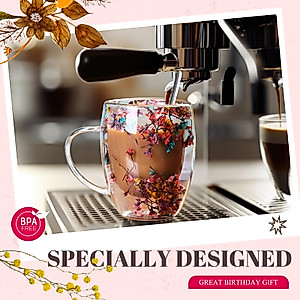 Rtteri 11.84 oz Double Wall Glass Coffee Mug with Bamboo Lid and Spoon Clear Eternal Flower Insulated Glass Coffee Mugs with Handle Double Glass Coffee Cup Glass Tea Cup for Cappuccino Latte Beverage