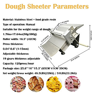 HayWHNKN Manual Dough Sheeter 16.5'' Dough Roller Sheeter Fondant Sheeter Stainless Steel Dough Press Machine Pastry Machine Pasta Maker for Fondant, Croissants, Icing, Pizza and Puff Pastry