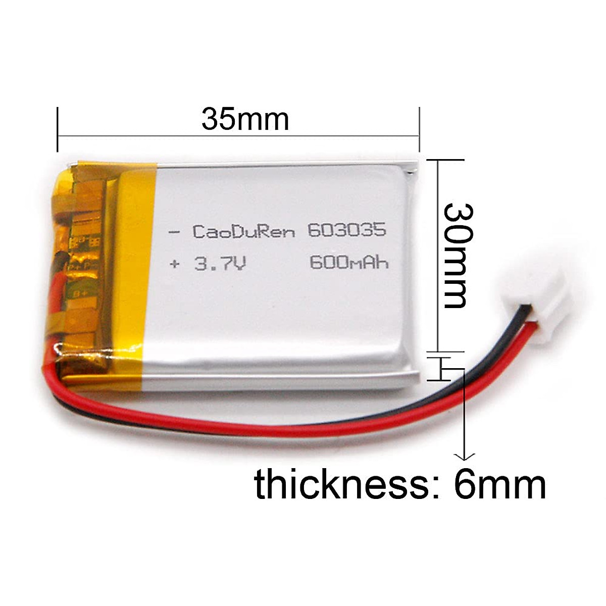 CaoDuRen MSDS Verified Part Number: 603035, Rechargeable 3.7V 600mAh Li Lipo Lithium Polymer Ion Battery Pack with 2 Pin 2.0mm JST Connector