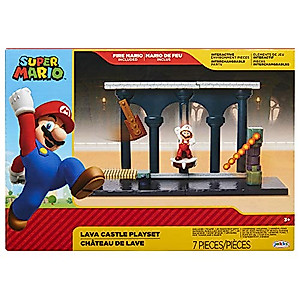 Nintendo Super Mario Lava Castle Deluxe Play Set, Includes: 2.5” Fire Mario Figure & Mechanical Features, Spinning Fireballs Tower, Swinging Pendulum, Bone Lift & Bridge