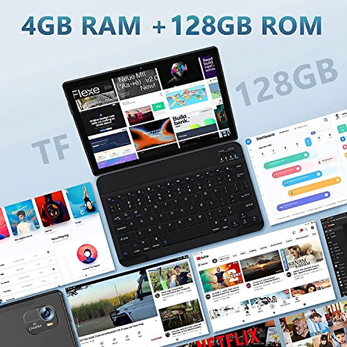 FACETEL Android 11 Tablet 10.1" Q10PRO Tablets:4GB RAM|128GB ROM|5G Wi-Fi|Octa-Core|8000mAh|Bluetooth |Google Certified|with Keyboard, Mouse, Earphones etc./Support Split Screen-Black